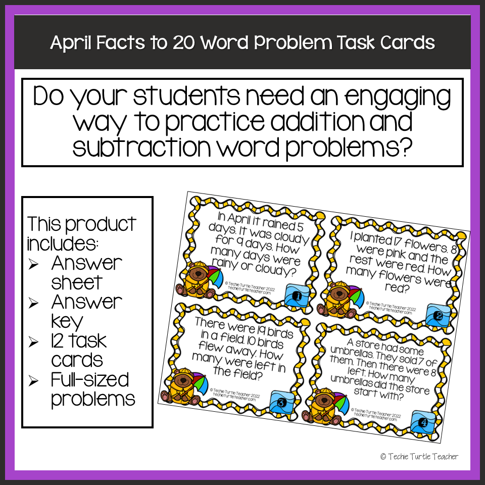 Addition & Subtraction Facts within 20 Spring Word Problem Task Cards ...