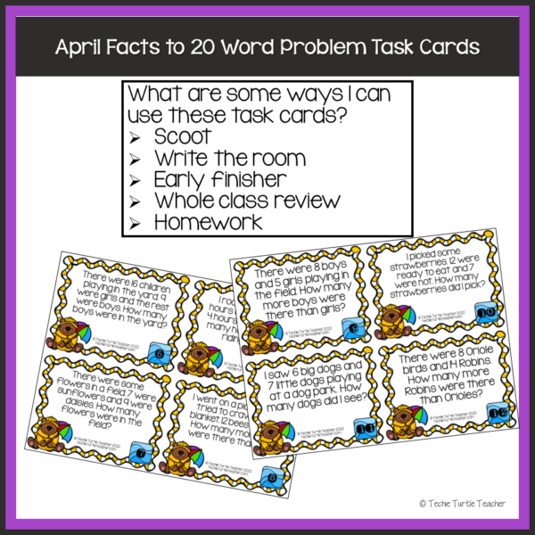 Addition Subtraction Facts Within 20 Spring Word Problem Task Cards