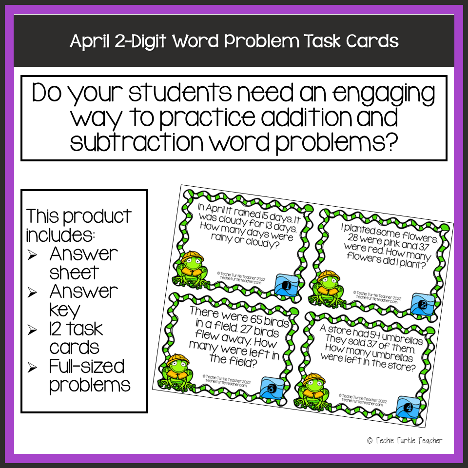 Addition & Subtraction 2-Digit Spring Word Problem Task Cards April ...