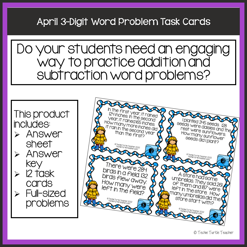 Addition & Subtraction 3-Digit Spring Word Problem Task Cards April ...