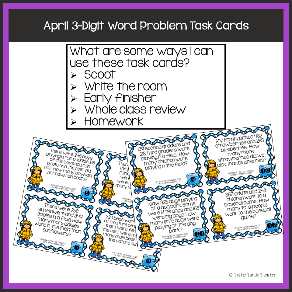 Addition & Subtraction 3-Digit Spring Word Problem Task Cards April ...