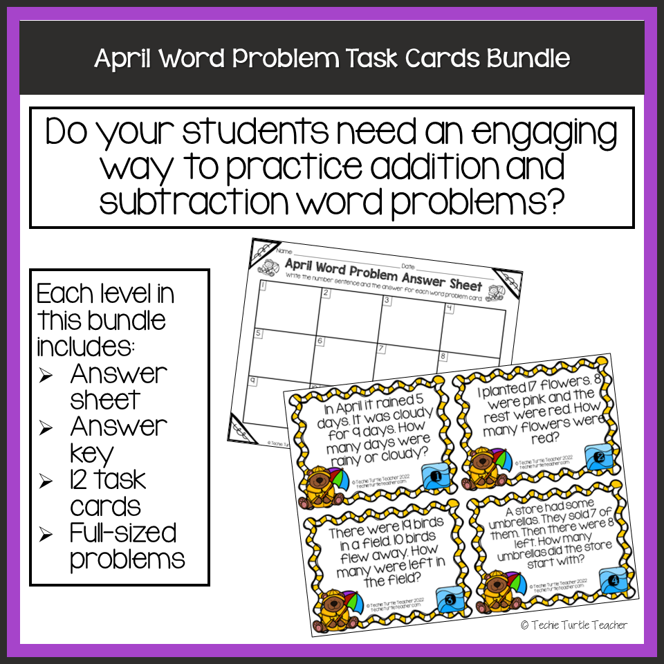 Addition & Subtraction Bundle of Spring Word Problem Task Cards for ...