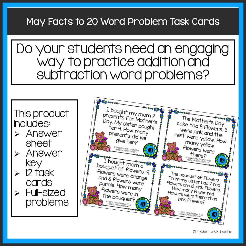 Addition & Subtraction Facts within 20 Spring Word Problem Task Cards ...