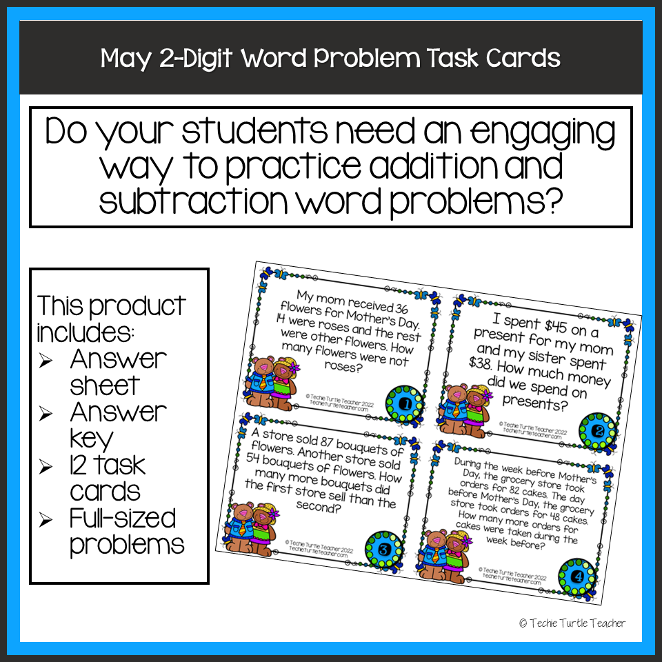 Addition & Subtraction 2-Digit Spring Word Problem Task Cards May ...