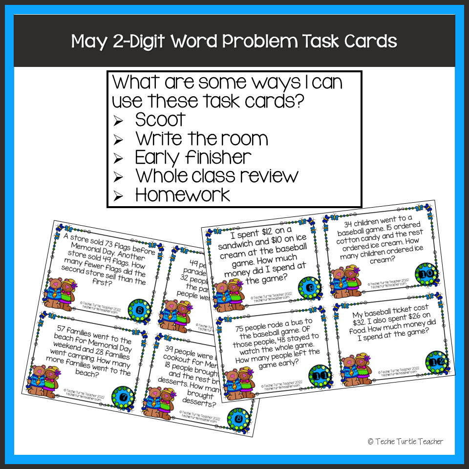 Addition & Subtraction 2-Digit Spring Word Problem Task Cards May ...