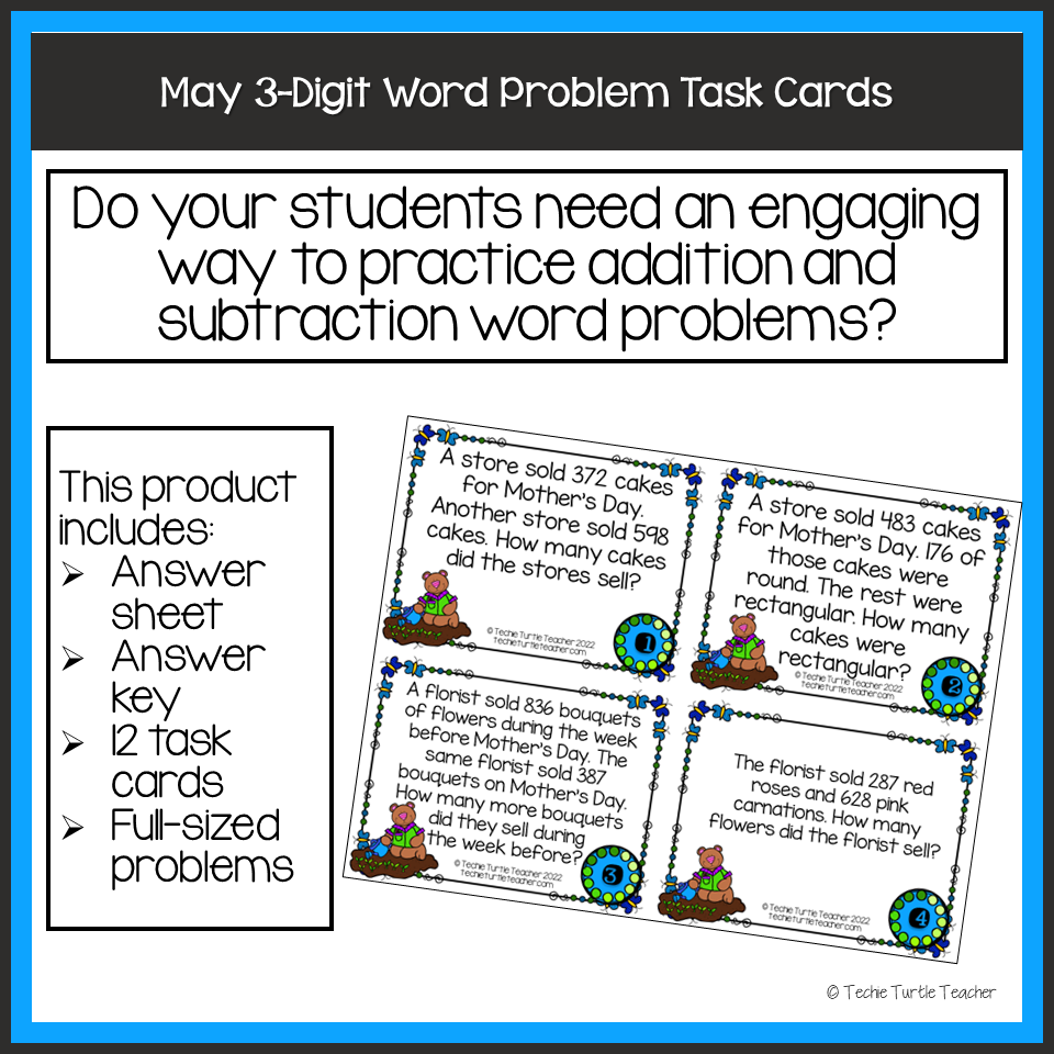 Addition & Subtraction 3-Digit Spring Word Problem Task Cards May ...