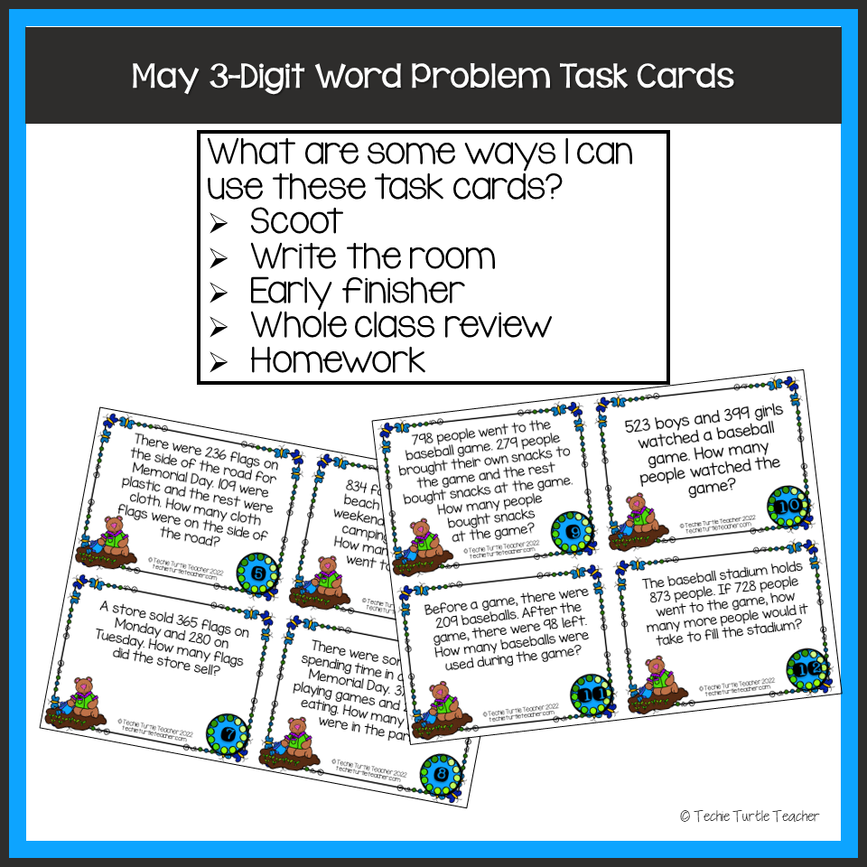 Addition & Subtraction 3-Digit Spring Word Problem Task Cards May ...
