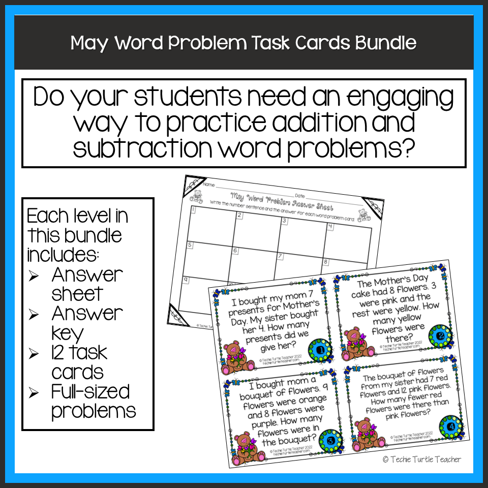 Addition & Subtraction Bundle of Spring Word Problem Task Cards for May ...