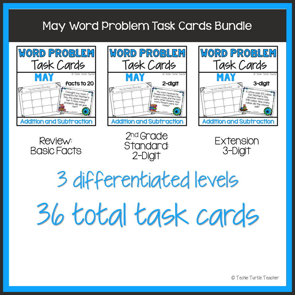 Addition & Subtraction Bundle of Spring Word Problem Task Cards for May ...