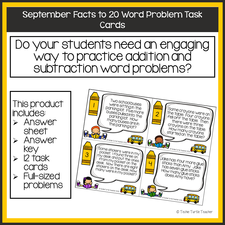 Addition & Subtraction Facts within 20 Fall Word Problem Task Cards ...