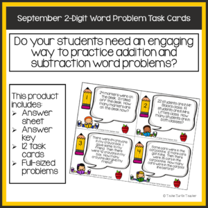 Addition & Subtraction 2-Digit Fall Word Problem Task Cards September ...
