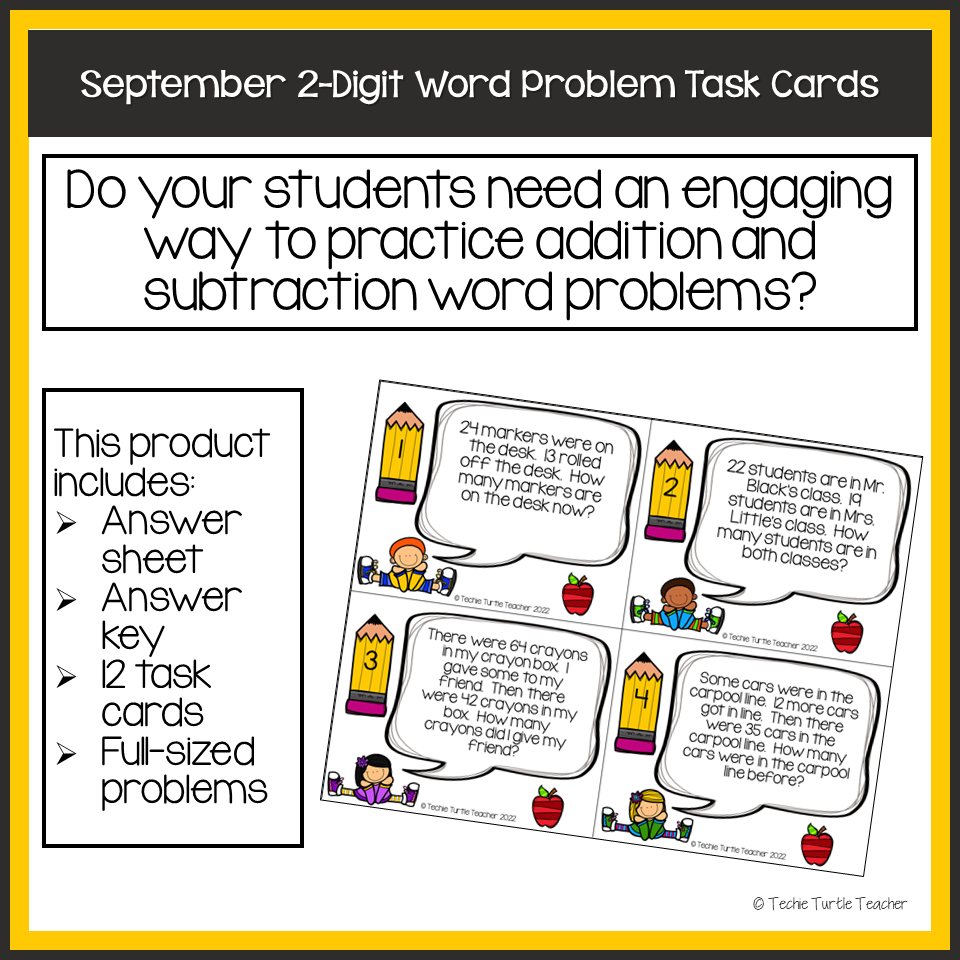 Addition & Subtraction 2-Digit Fall Word Problem Task Cards September ...