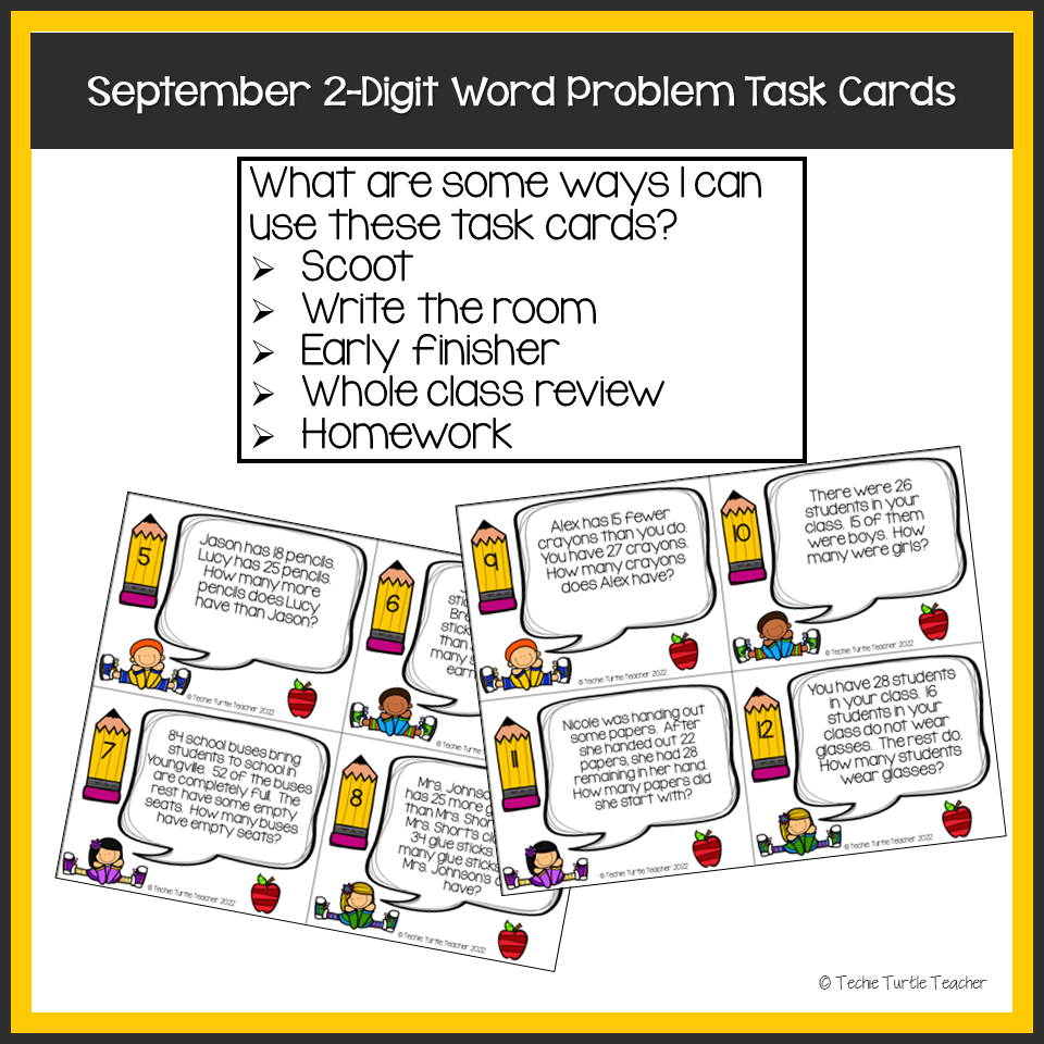 Addition & Subtraction 2-Digit Fall Word Problem Task Cards September ...