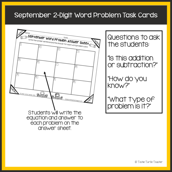Addition & Subtraction 2-Digit Fall Word Problem Task Cards September ...