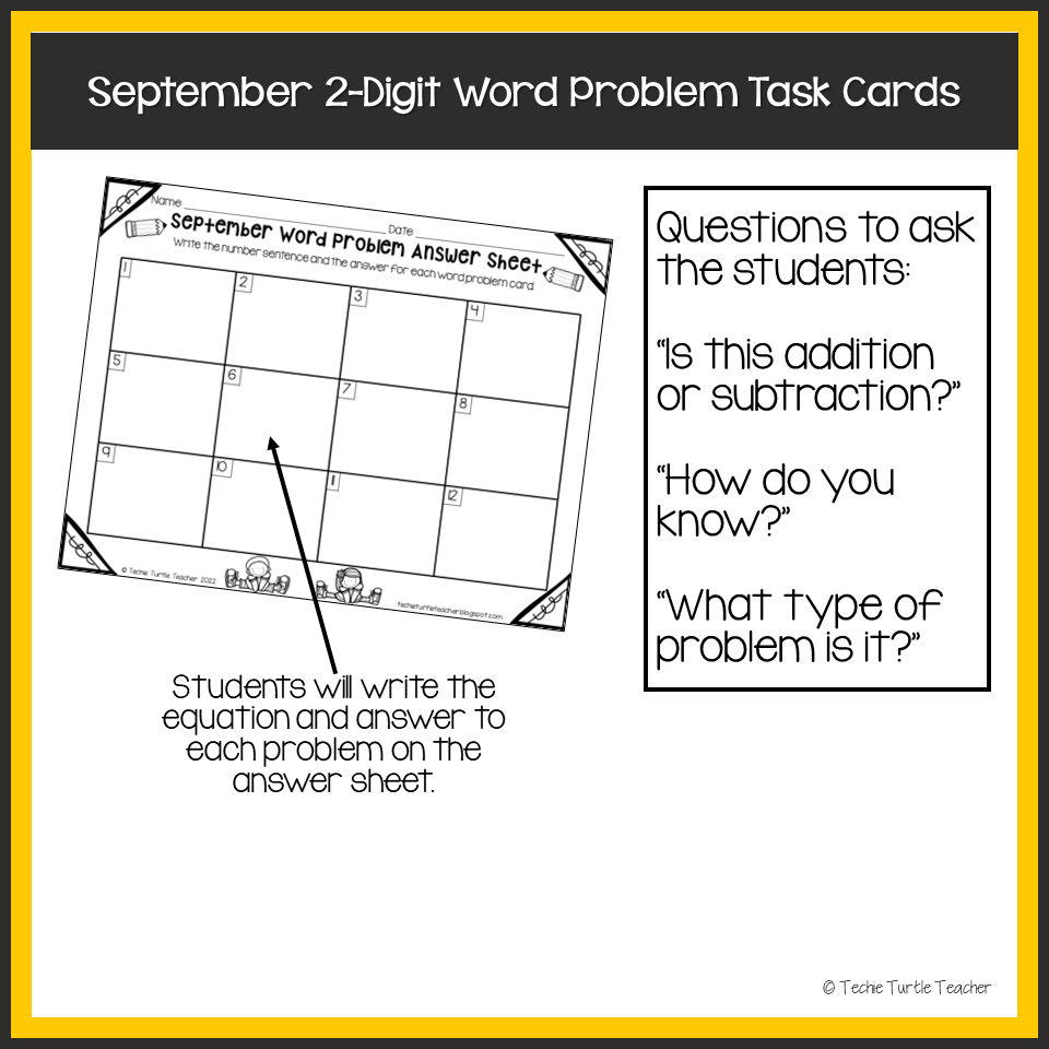 Addition & Subtraction 2-Digit Fall Word Problem Task Cards September ...