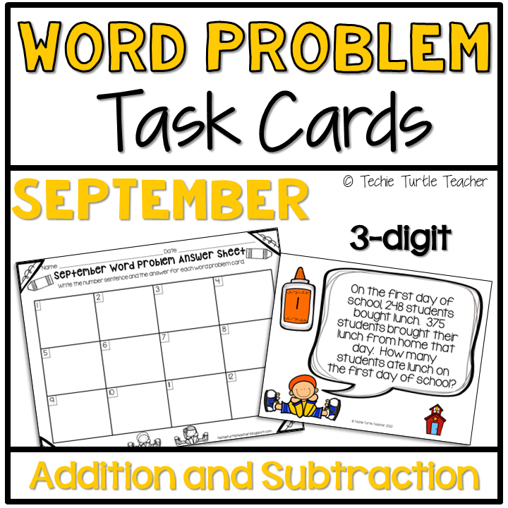 Addition & Subtraction 3-Digit Fall Word Problem Task Cards September ...