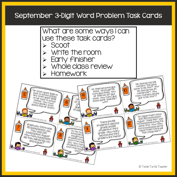 Addition & Subtraction 3-Digit Fall Word Problem Task Cards September ...