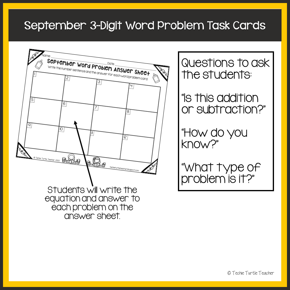 Addition & Subtraction 3-Digit Fall Word Problem Task Cards September ...