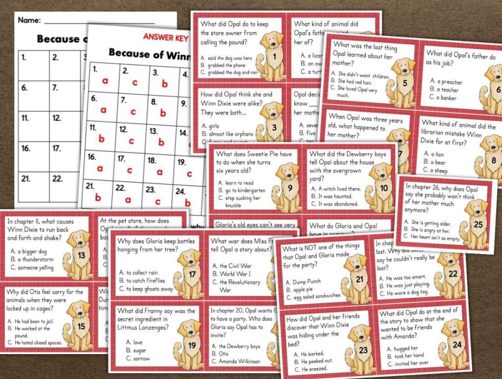 Because of Winn Dixie Chapter Book Comprehension Task Cards & Graphic ...