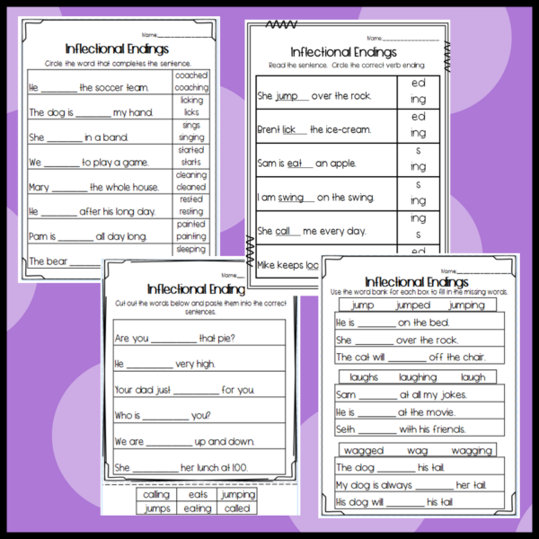 Inflectional Endings Worksheets: ing, ed, s: Sorts, Cloze, and more ...