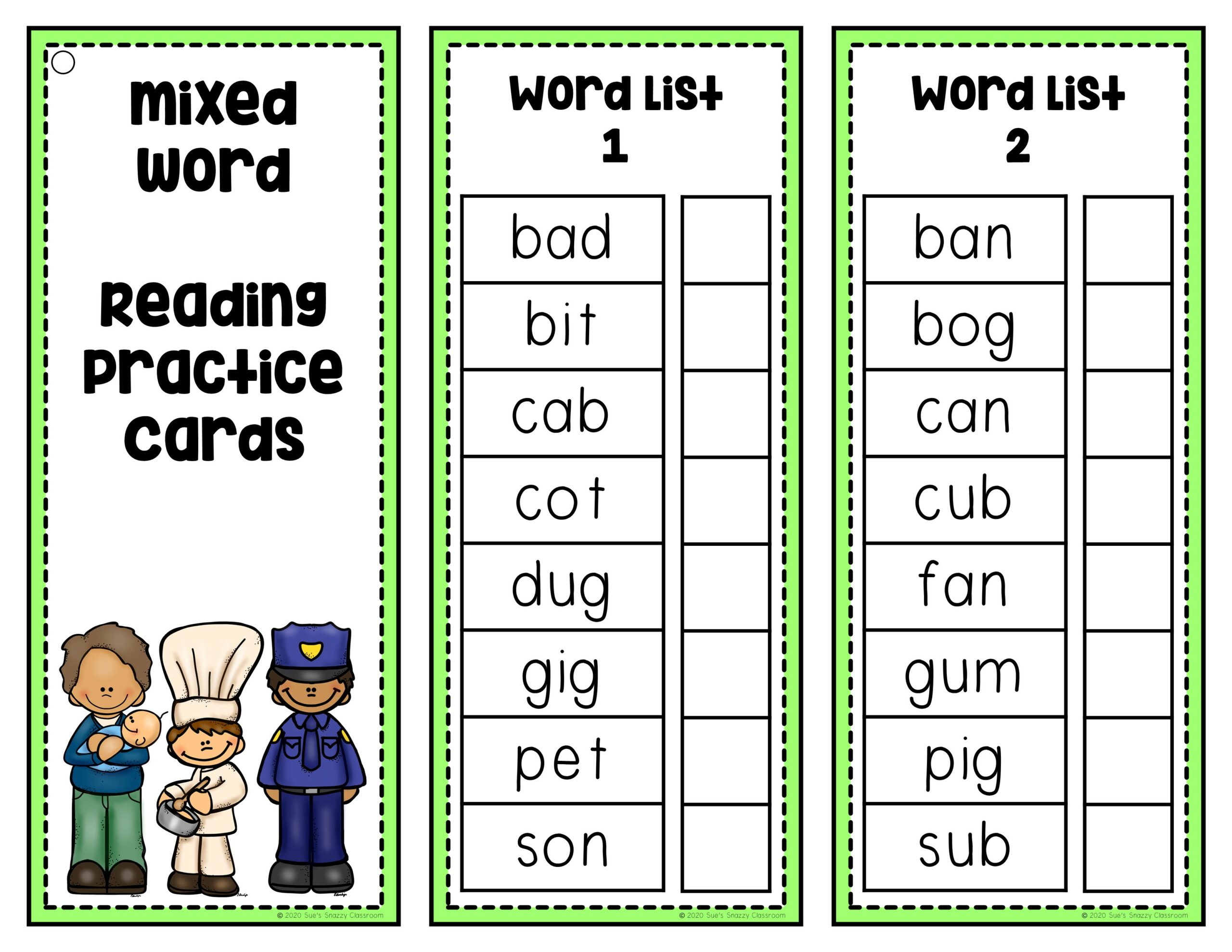 CVC Word Family Lists - Reading Fluency Practice Cards - CVC Word ...