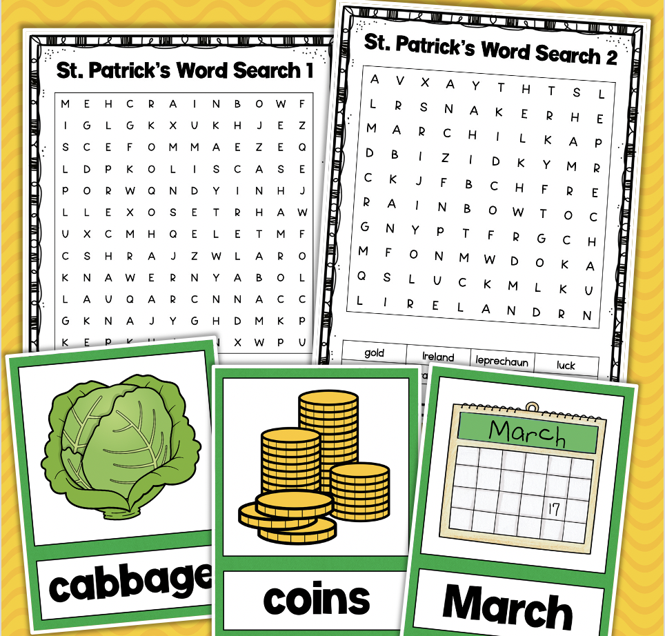 St. Patrick's Day Word Wall Vocabulary Cards & Worksheets Word Search ...