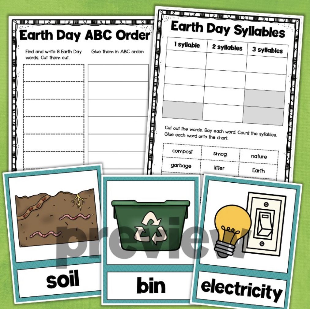 EARTH DAY Word Wall Vocabulary Cards & Worksheets ABC Order Word Search ...