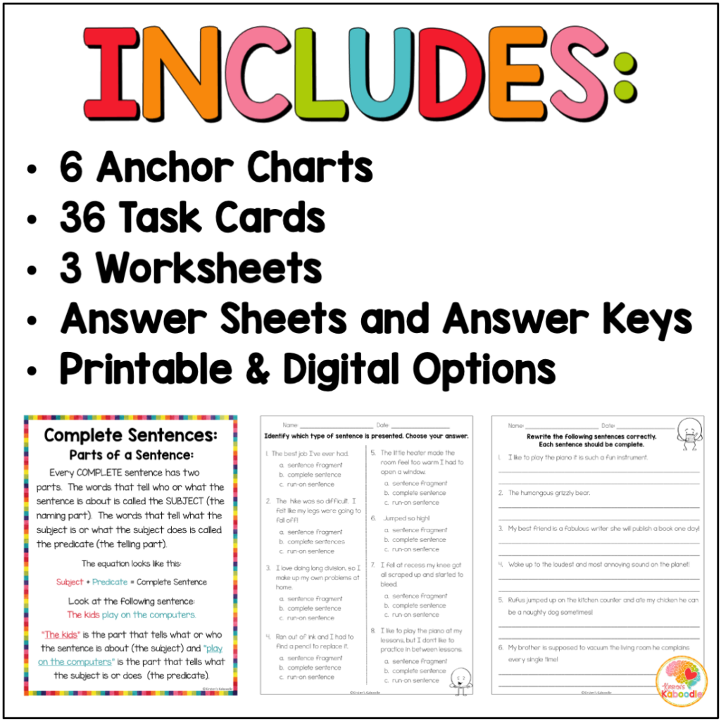 Complete and Incomplete Sentences: Run Ons, Fragments Worksheets ...