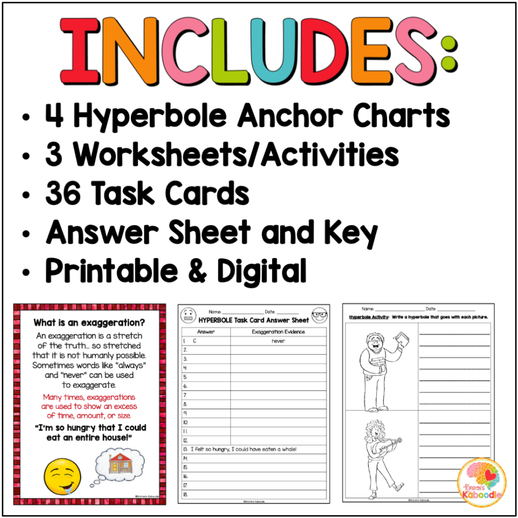 Hyperbole Task Cards, Anchor Charts, and Worksheets: Figurative ...