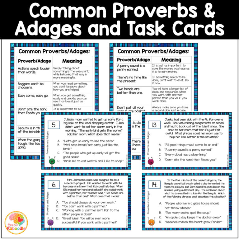 Proverbs and Adages Task Cards, Anchor Charts, and Worksheets ...