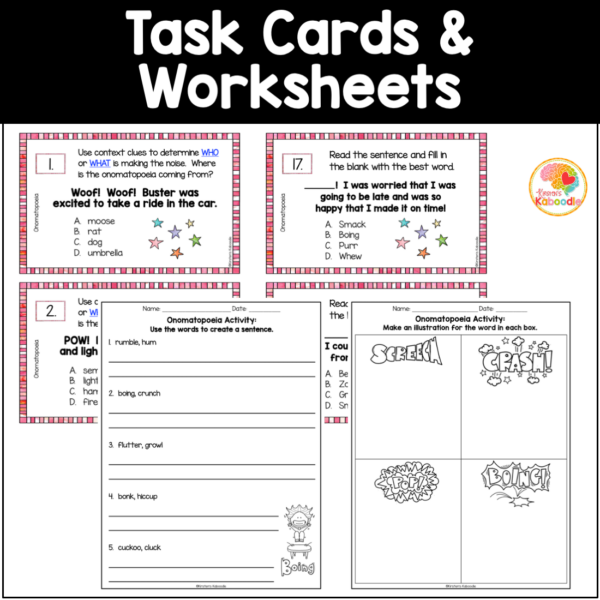 Onomatopoeia Task Cards, Anchor Charts, and Worksheets Activities ...