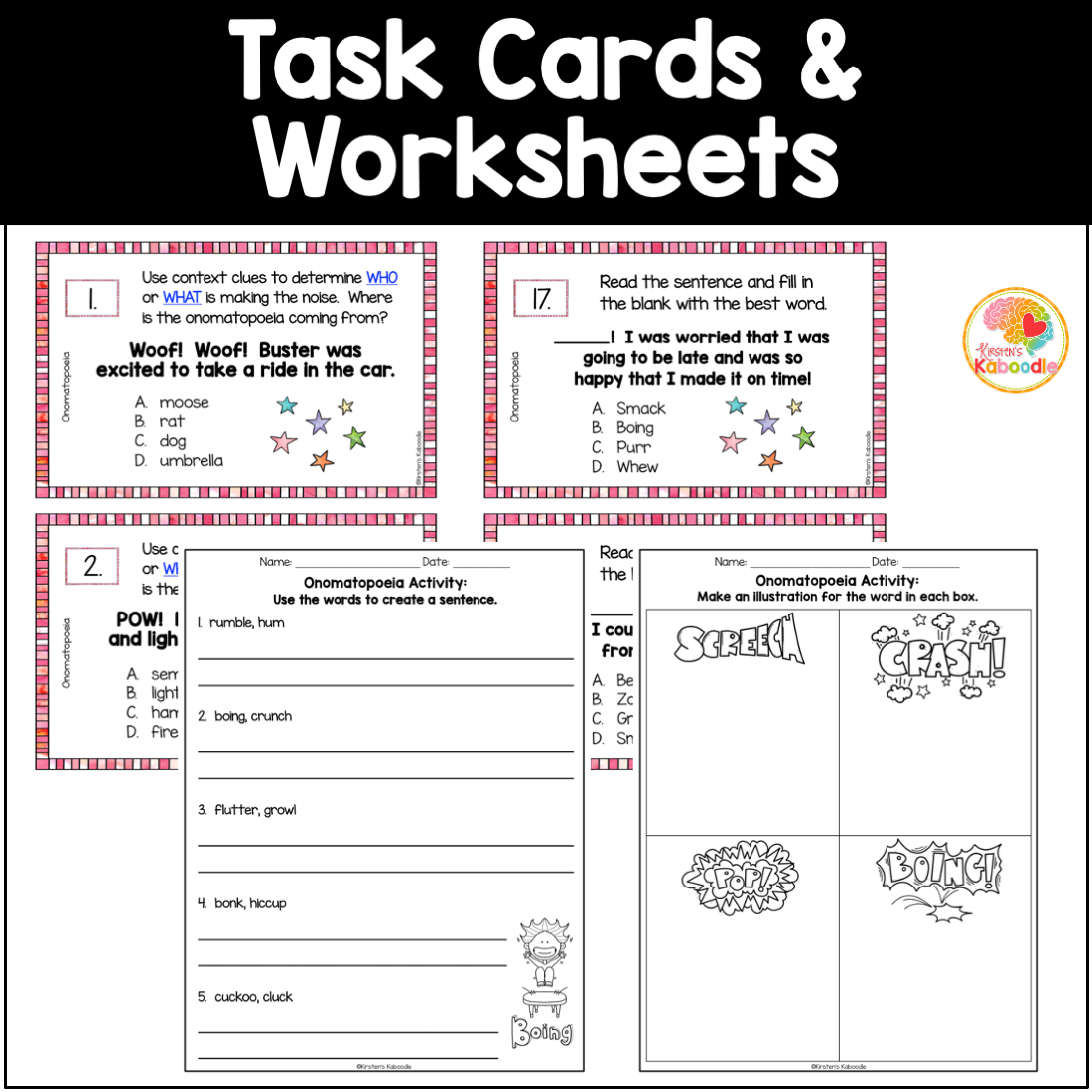 Onomatopoeia Task Cards, Anchor Charts, and Worksheets Activities ...