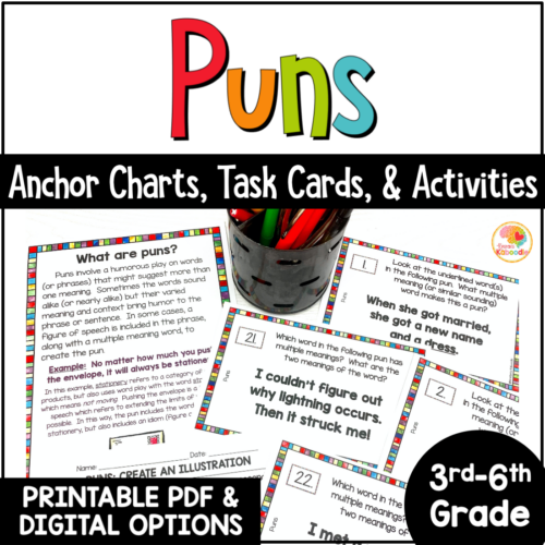 Puns Task Cards, Anchor Charts, and Worksheets Activities: Figurative ...