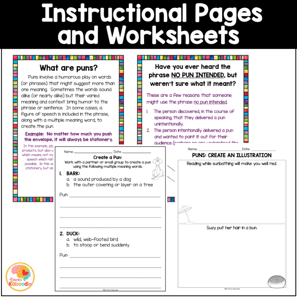 Puns Task Cards, Anchor Charts, and Worksheets Activities: Figurative ...