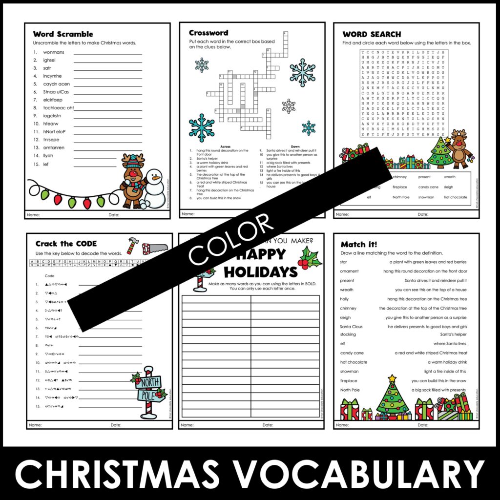 Christmas Vocabulary Worksheet Pack for English Language Learners ...