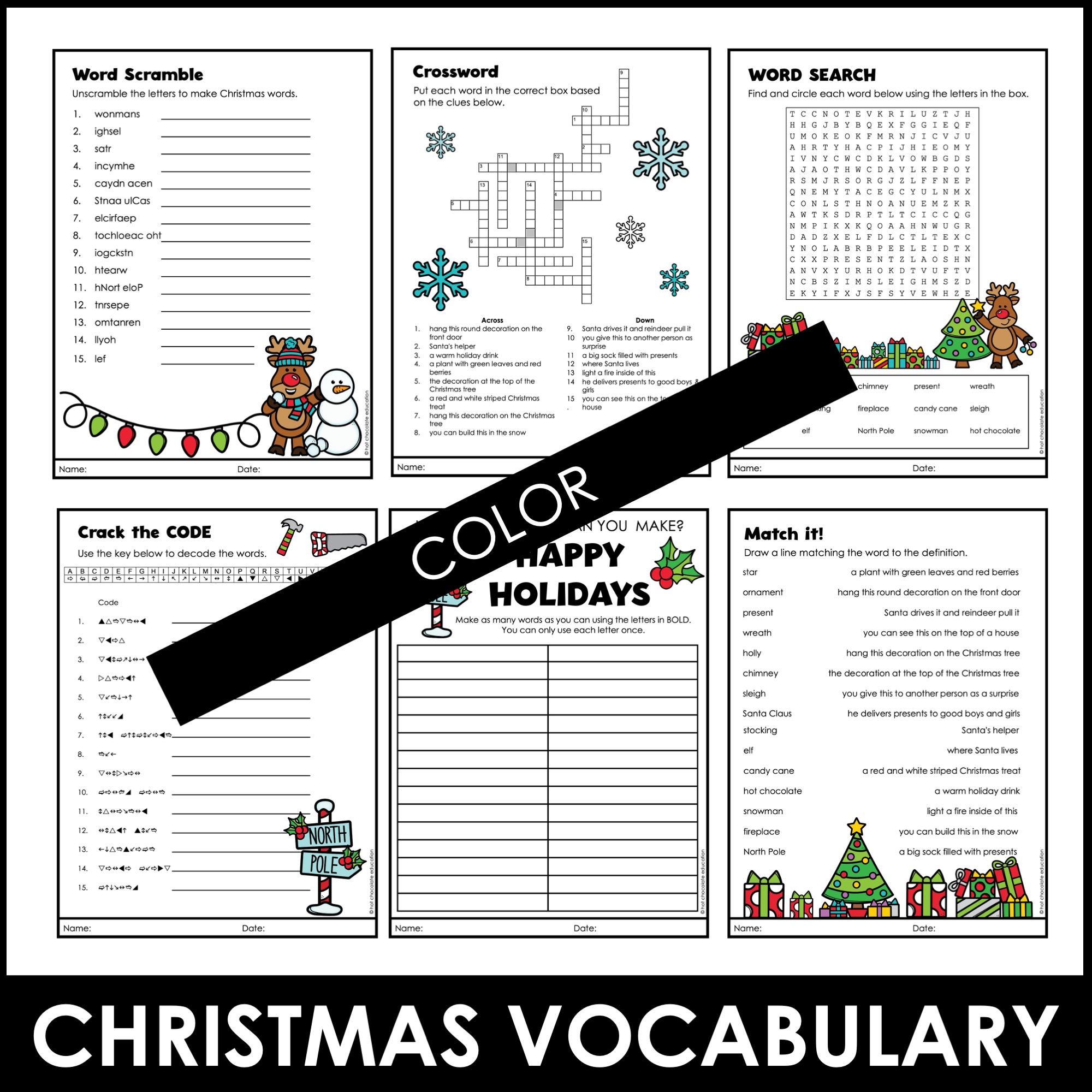 Christmas Vocabulary Worksheet Pack for English Language Learners ...