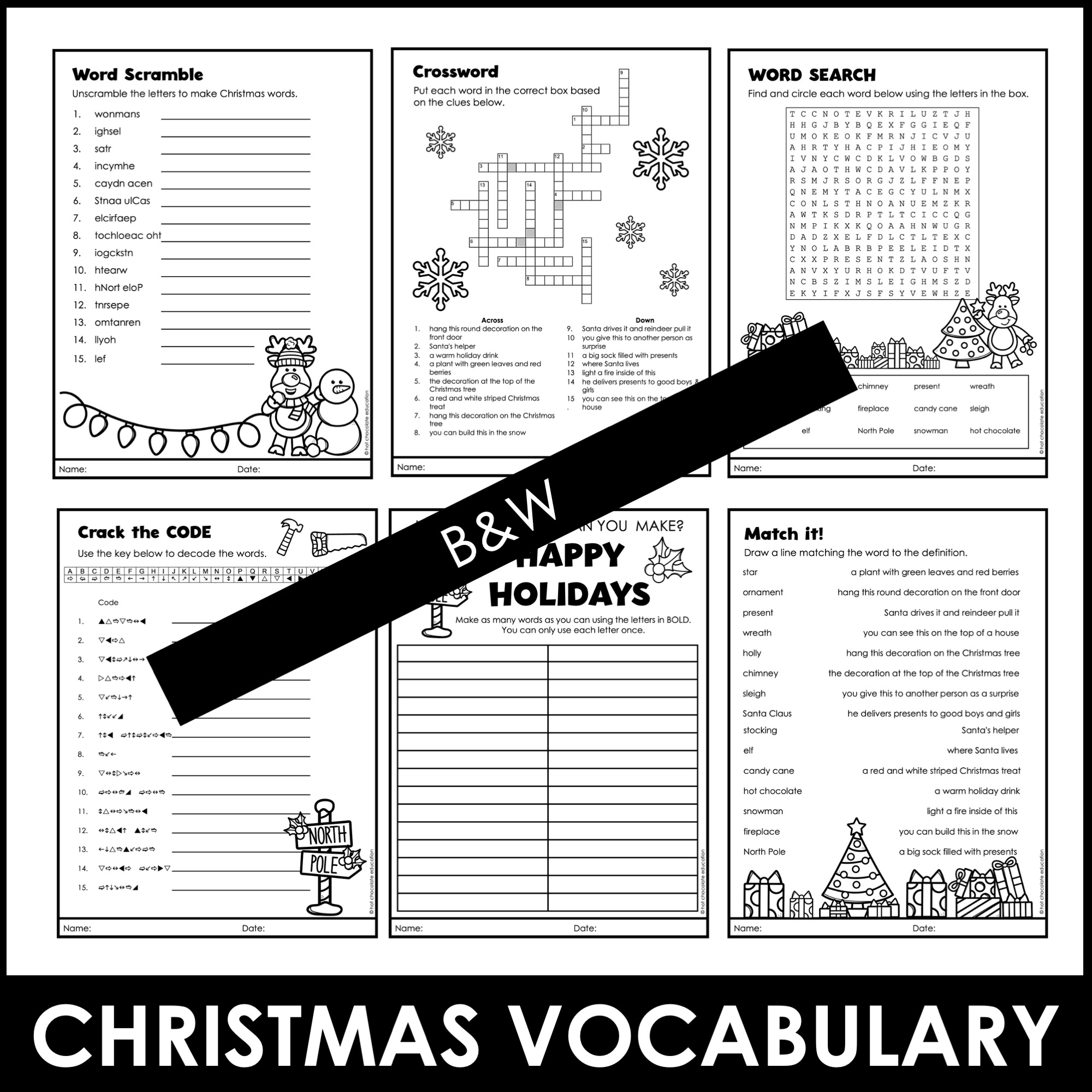Christmas Vocabulary Worksheet Pack for English Language Learners ...