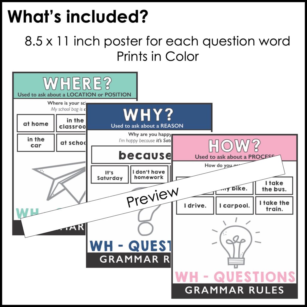 ESL Grammar Posters: Wh-Questions (What, When, Where, Why, Who, How ...