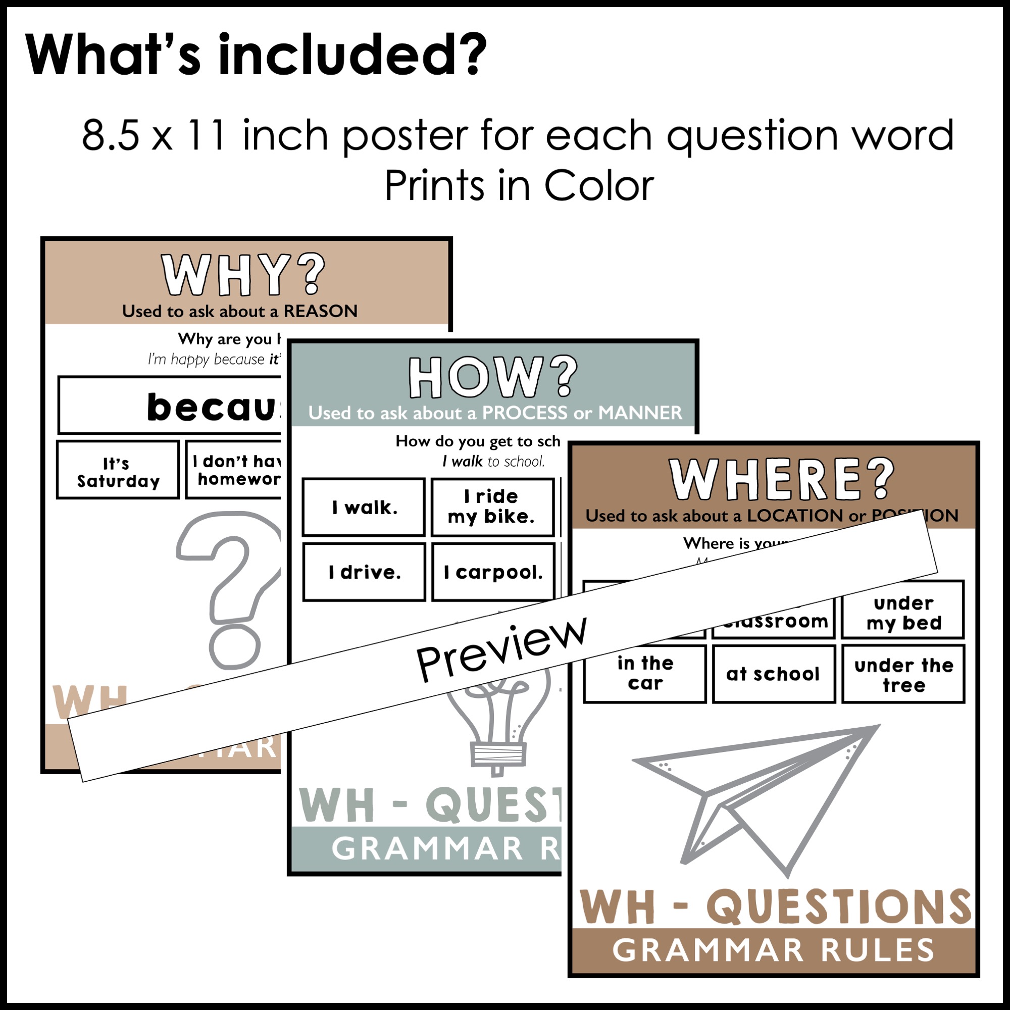 Grammar Posters: Wh-Questions What, When, Where, Why, Who, How - BOHO ...