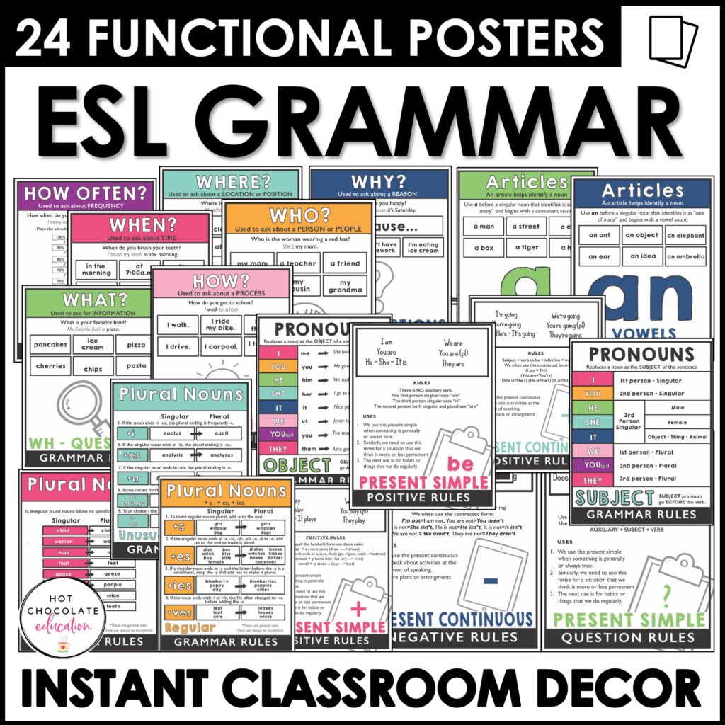 ESL Grammar Posters: Set of 24 visuals to use as Functional Classroom ...