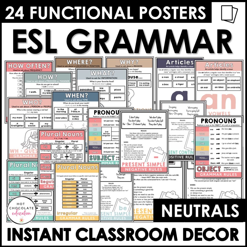 ESL Grammar Posters: Functional Classroom Decor Visuals - BOHO Neutral ...