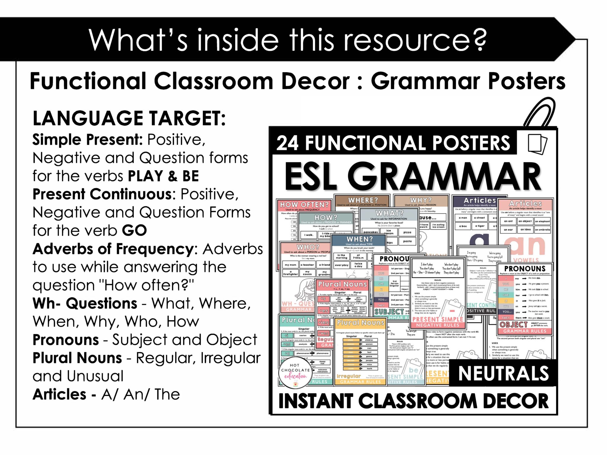 ESL Grammar Posters: Functional Classroom Decor Visuals - BOHO Neutral ...