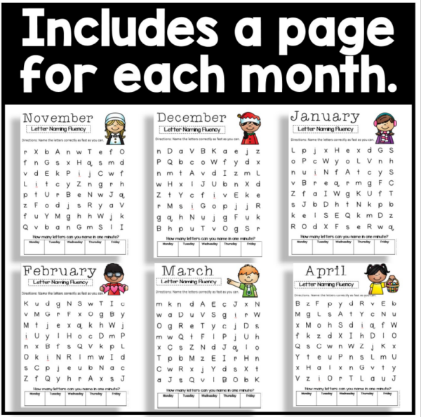 Letter Recognition Letter Naming Fluency Monthly Practice Pages - Made ...