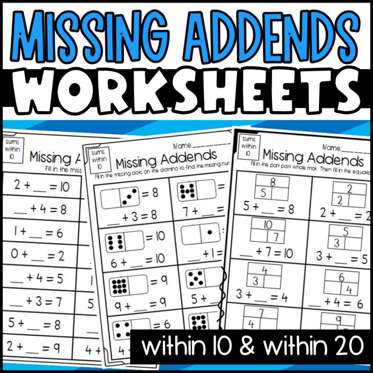Missing Addend Worksheets: Dominoes, Part- Part- Whole, and Equation ...