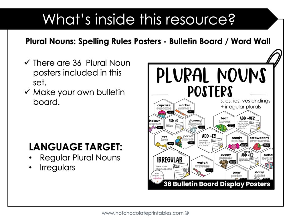 Plural Noun Spelling Rules Posters -Bulletin Board - s, es, ies, ves ...