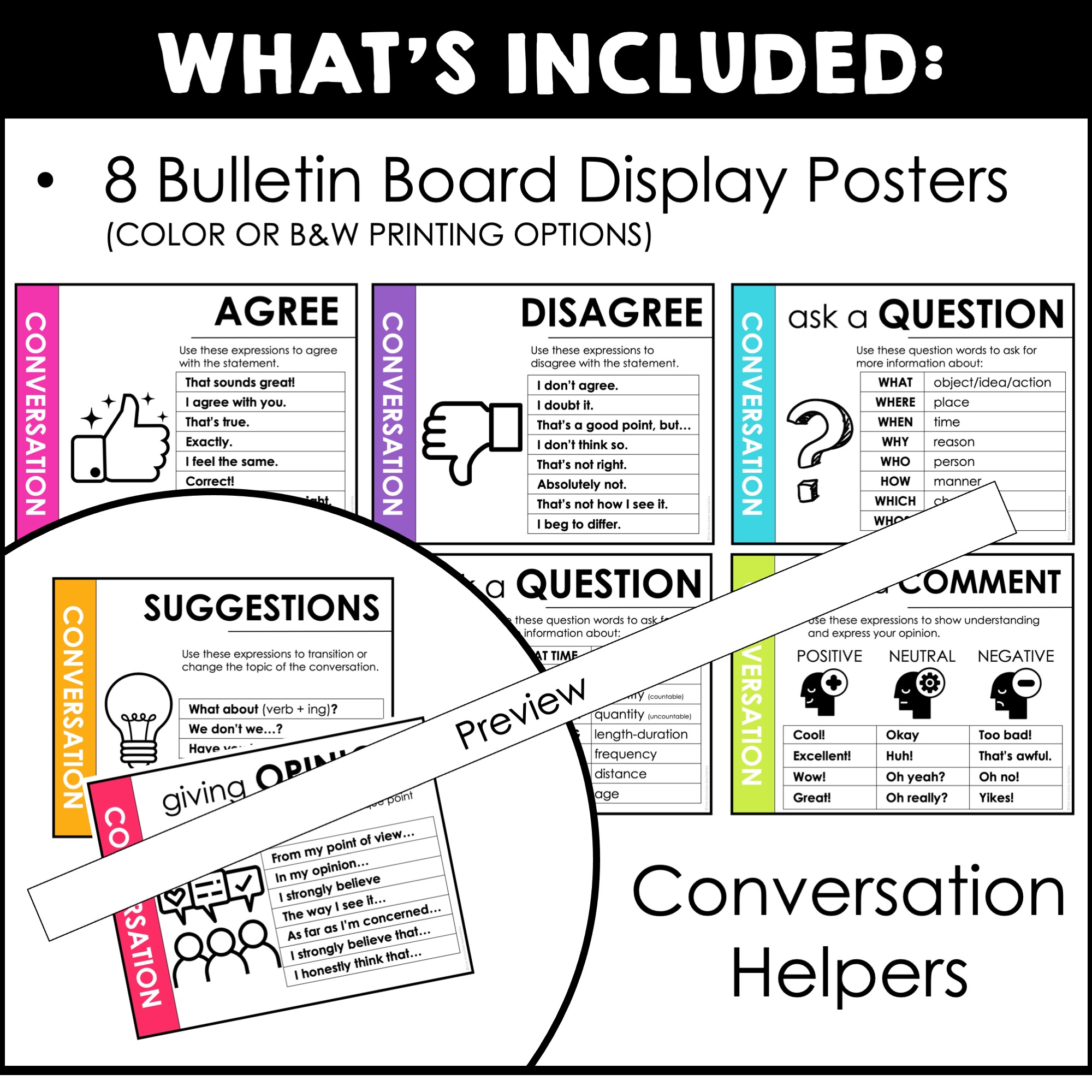 Conversation Posters - Functional Speech Bulletin Board for ELL EFL ESL ...