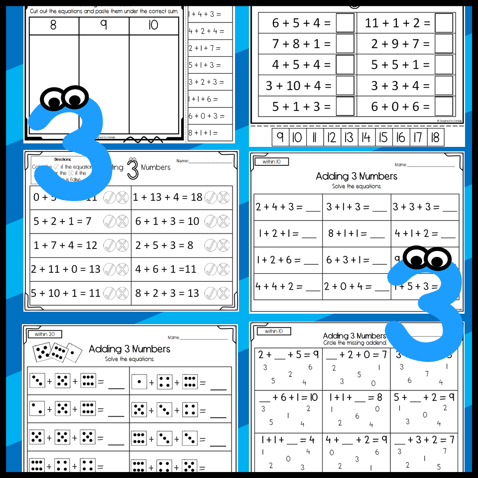 Adding 3 Numbers: Worksheets, Number Line, Word Problems: Add Three ...