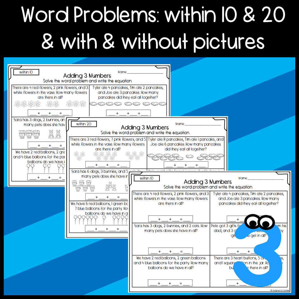 Adding 3 Numbers: Worksheets, Number Line, Word Problems: Add Three ...