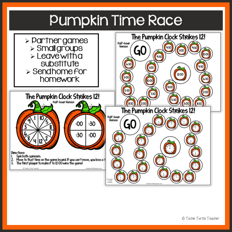 Pumpkin Time Race Game: Telling Time to the Hour, Half Hour, Quarter ...