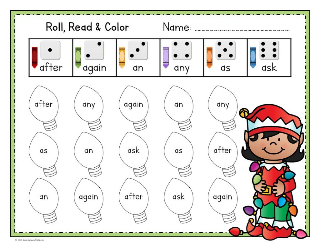 Christmas Sight Word Game - Roll, Read and Color Activity - Literacy ...